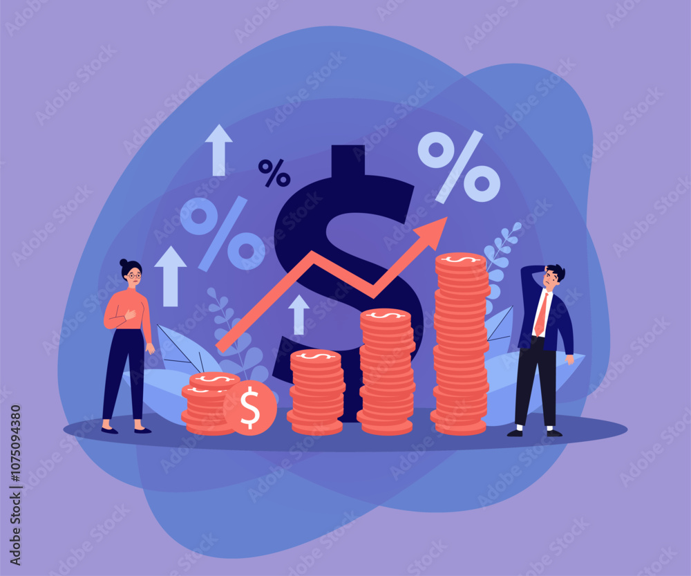 Tiny people standing near piles of coins with growth arrow flat vector ...
