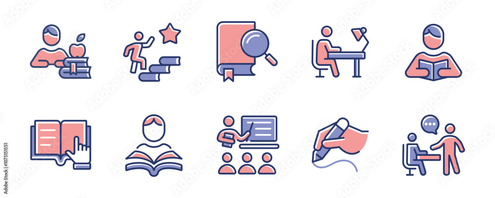 study and read book icon set library school education student learning ...