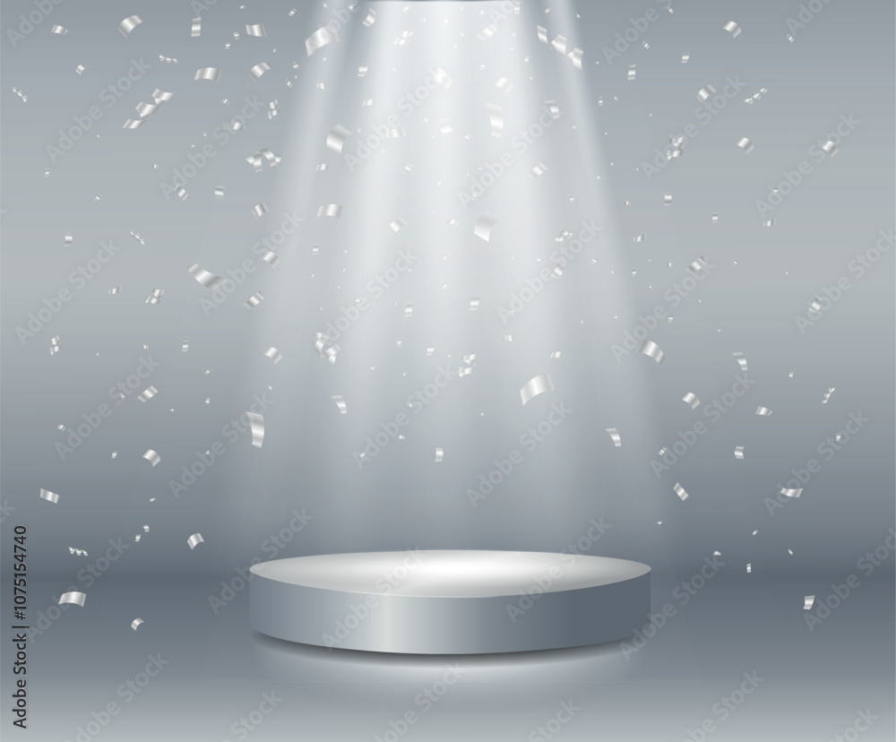 Silver podium and tinsel under bright spotlights. Luxury festive banner ...