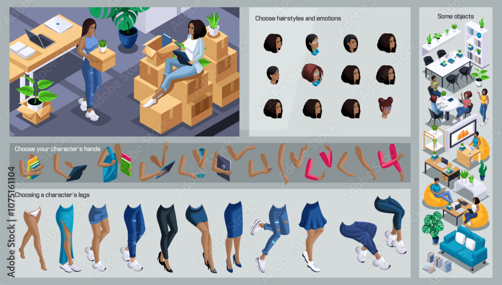 Isometric Black WoMan characters constructor for design. Use Separate ...