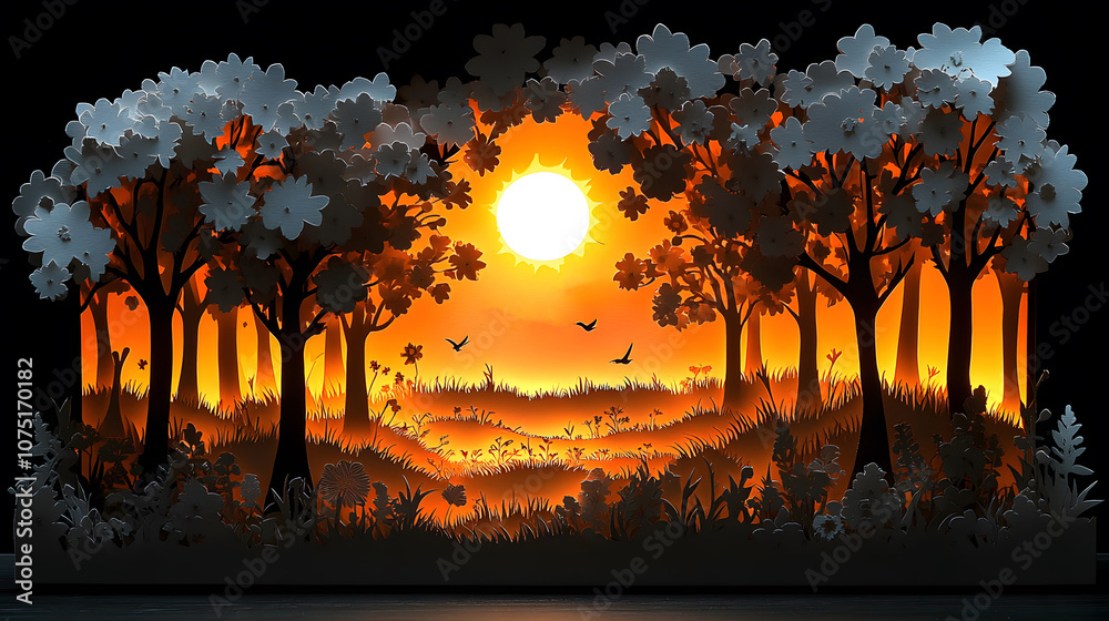 Papercut design of a spring garden with colorful blossoms, birds flying ...