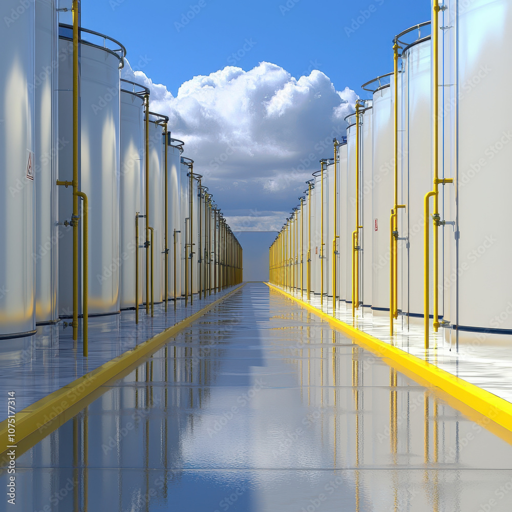 Large storage tanks lined up in clean energy facility, reflecting sky ...