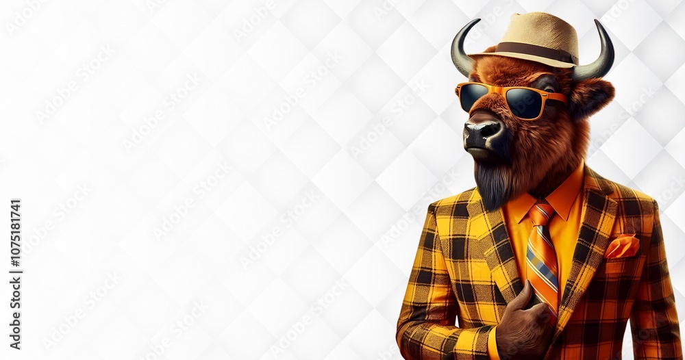 Bison wearing cool funky fashion dress with sunglasses posing in studio ...