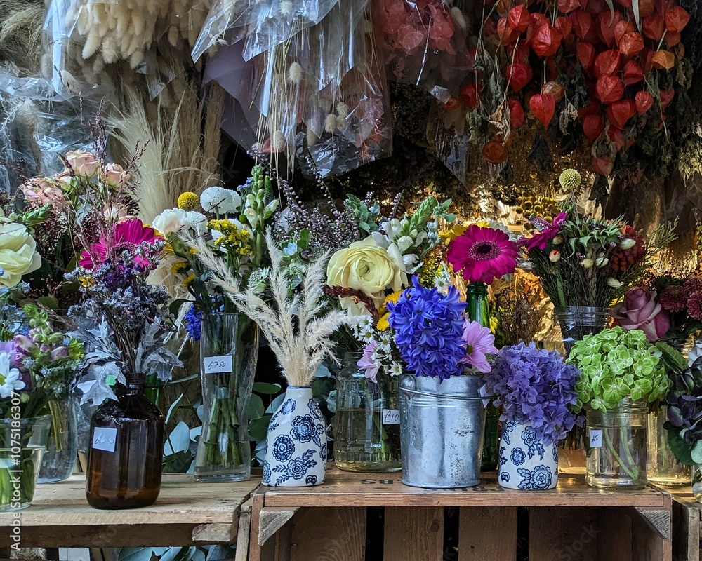 Window display of a small flower shop in London. Various bouquets in ...