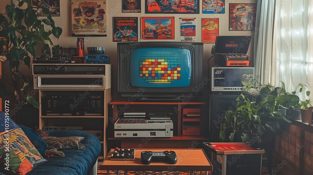 A classic game room setup with an old TV and retro video game console ...
