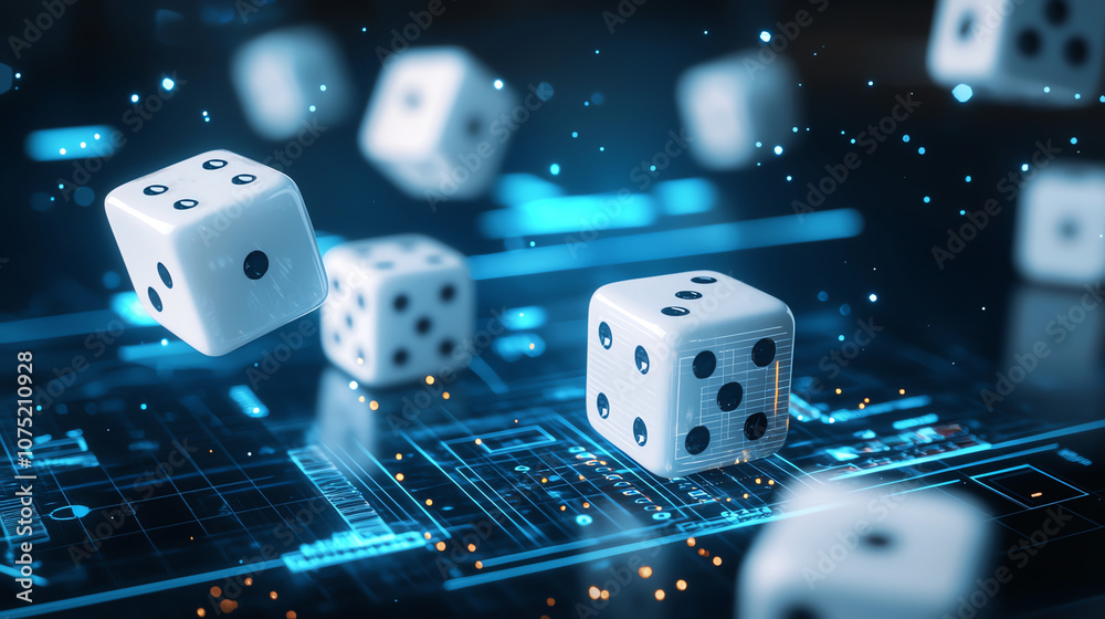 White dice cascading over futuristic digital interface, symbolizing ...
