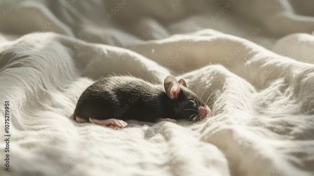 black mouse lying on its back on a soft fabric, gentle daylight from ...