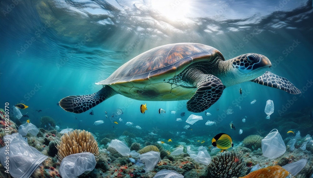 Ocean water polluted with floating plastic waste, highlighting the ...