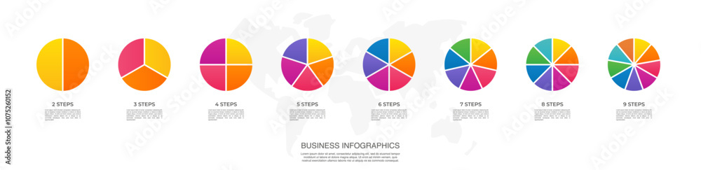 Circle division vector infographics icon set from 2 to 9. Different color circles chart divided ...