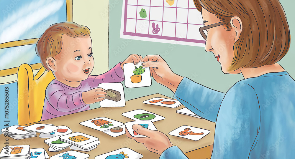 Child using the PECS system with a therapist at a table illustration ...