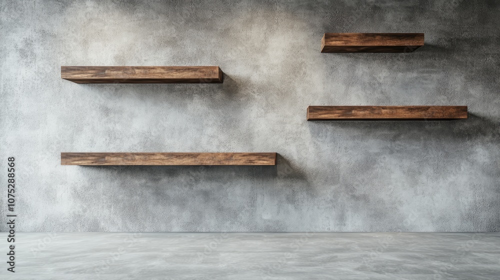 Modern display units on a textured wall in an empty store, minimalist ...