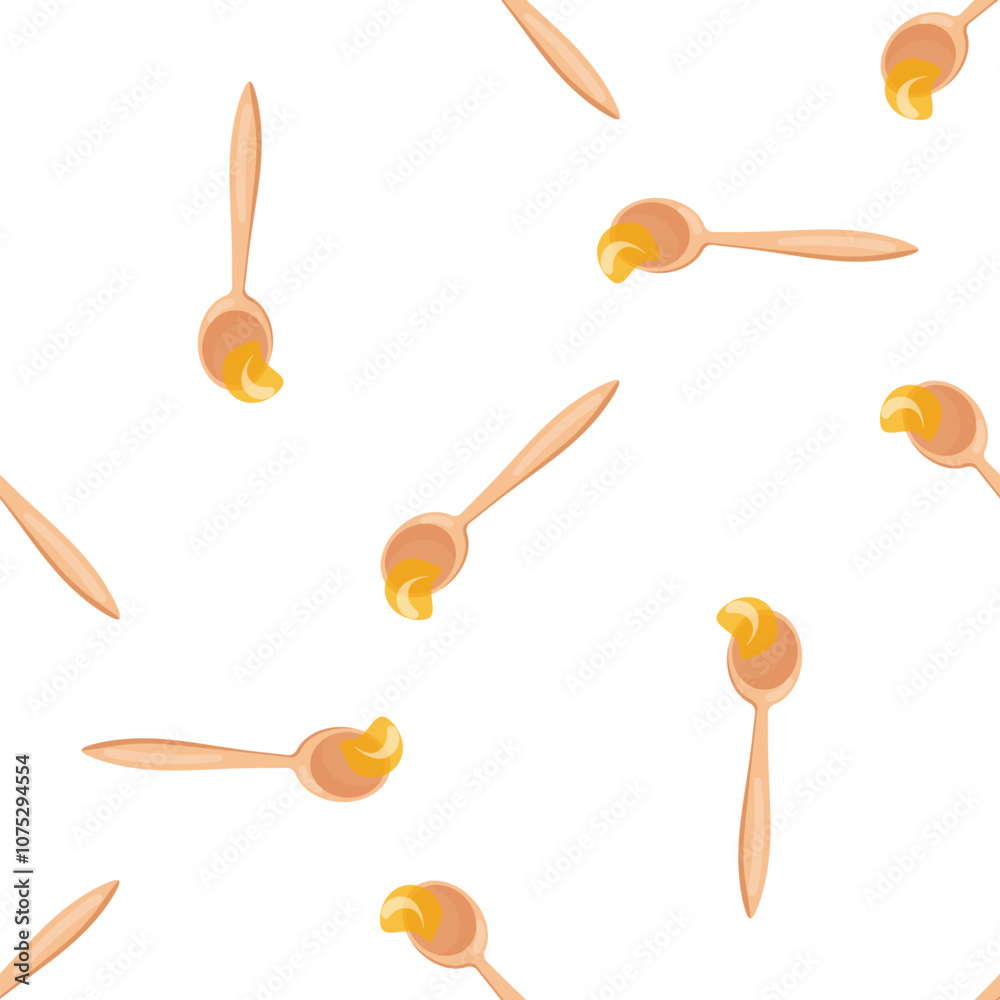 Wooden spoons dripping with honey are arranged in a seamless pattern ...
