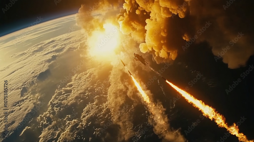 Dramatic moment of space probe launching from Earth, rocket engines ...