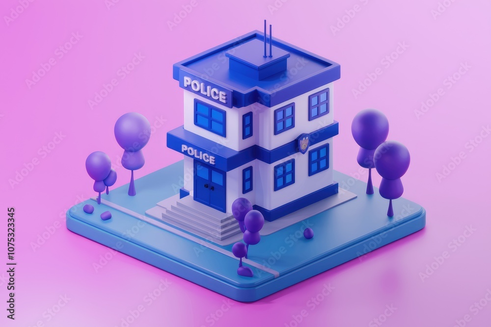A 3D model of a police station with a blue and white color scheme ...