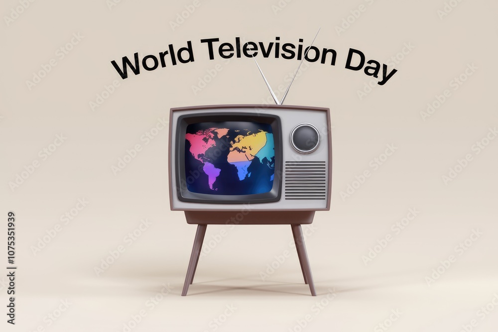 Vintage TV with world map showing World Television Day. Stock Photo ...