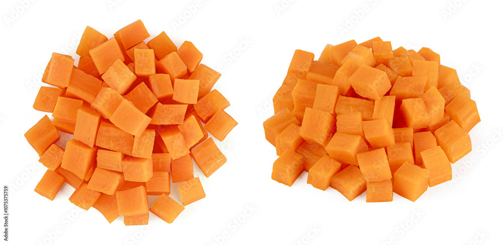 Carrots cut into cubes isolated on white background. Set - top view and ...