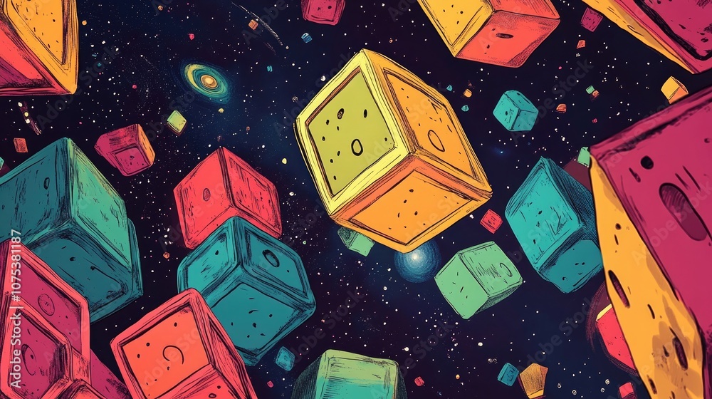 Colorful deformed squares in a space themed line art illustration Stock ...