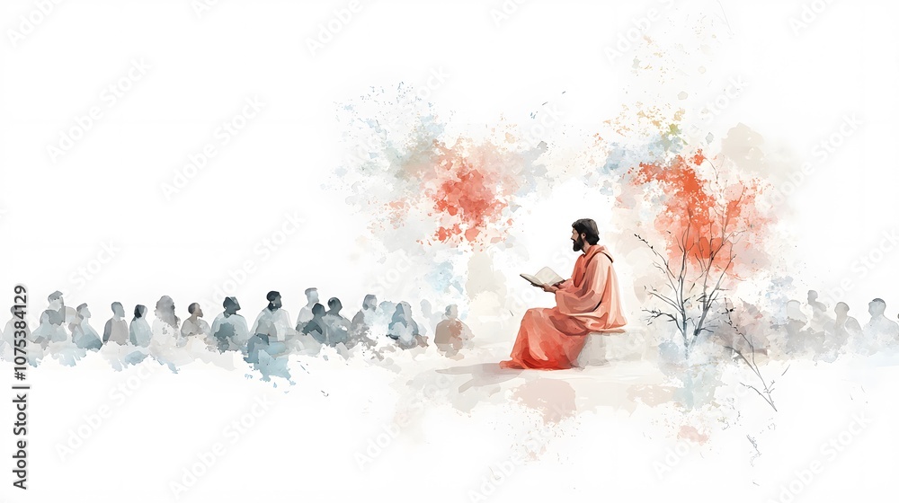 Jesus teaching parables, soft watercolor palette creating a serene ...