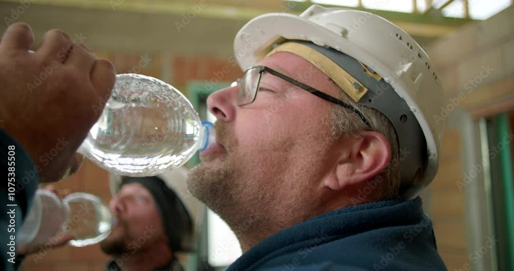 Construction worker drinking water during a break, staying hydrated, man in safety helmet ...
