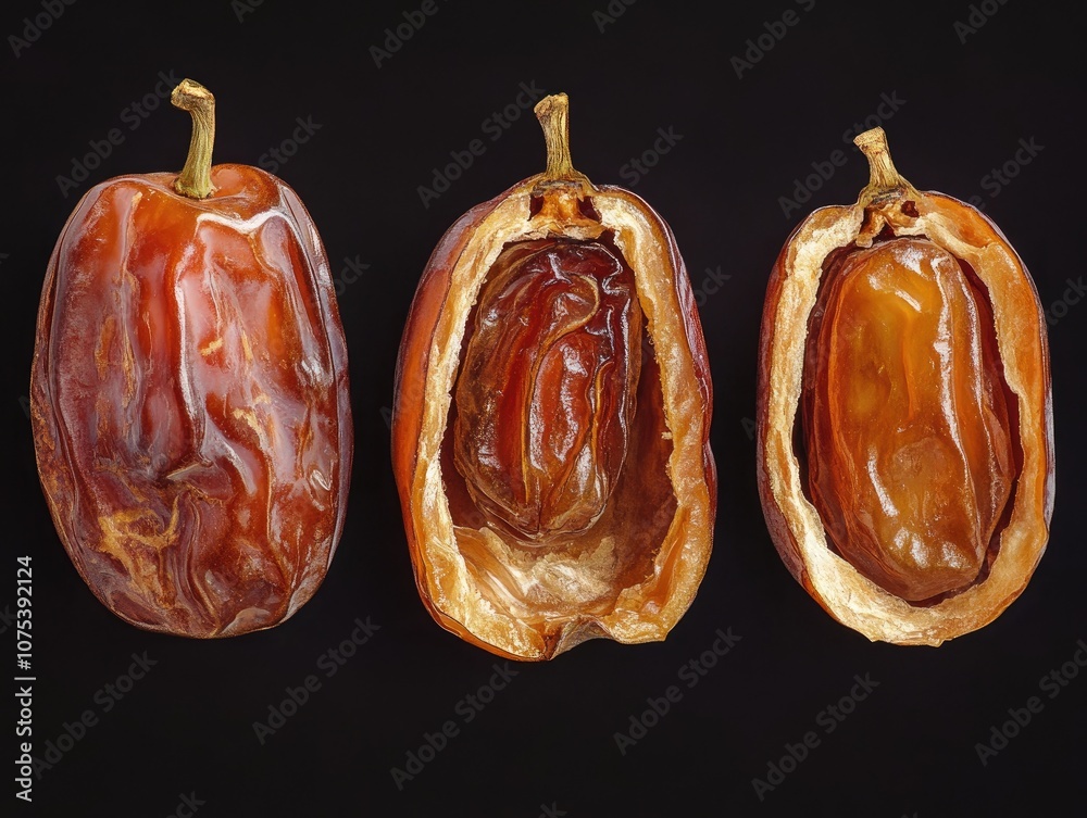 Isolated dates on a black background featuring a whole date one halved ...