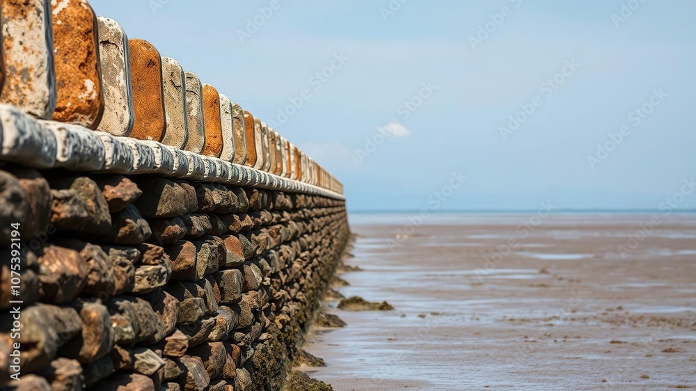 Weathered stone walls of a groyne stretch out into the mudflats at low ...