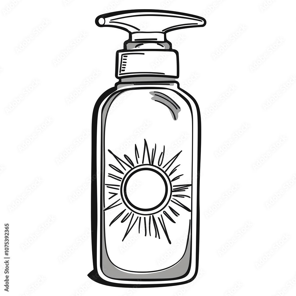 This is a black and white drawing of a sunscreen bottle. The bottle has ...