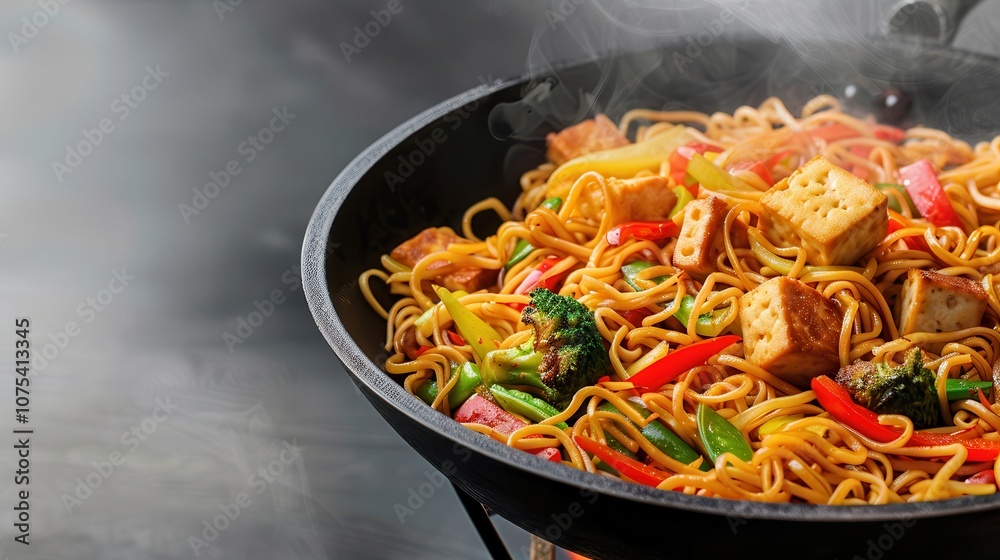 halal street food cuisine. A vibrant dish of stir-fried noodles with ...