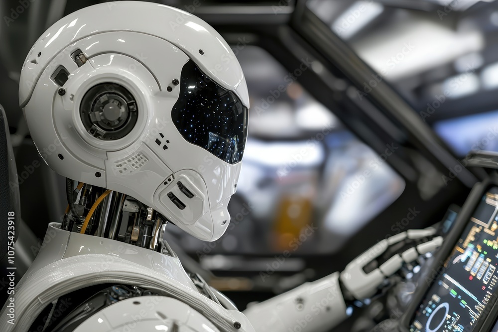 A robotic assistant helping a human pilot inside a sleek starship ...