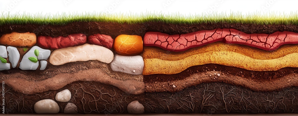 Detailed cross-section of soil layers showcasing various materials and ...