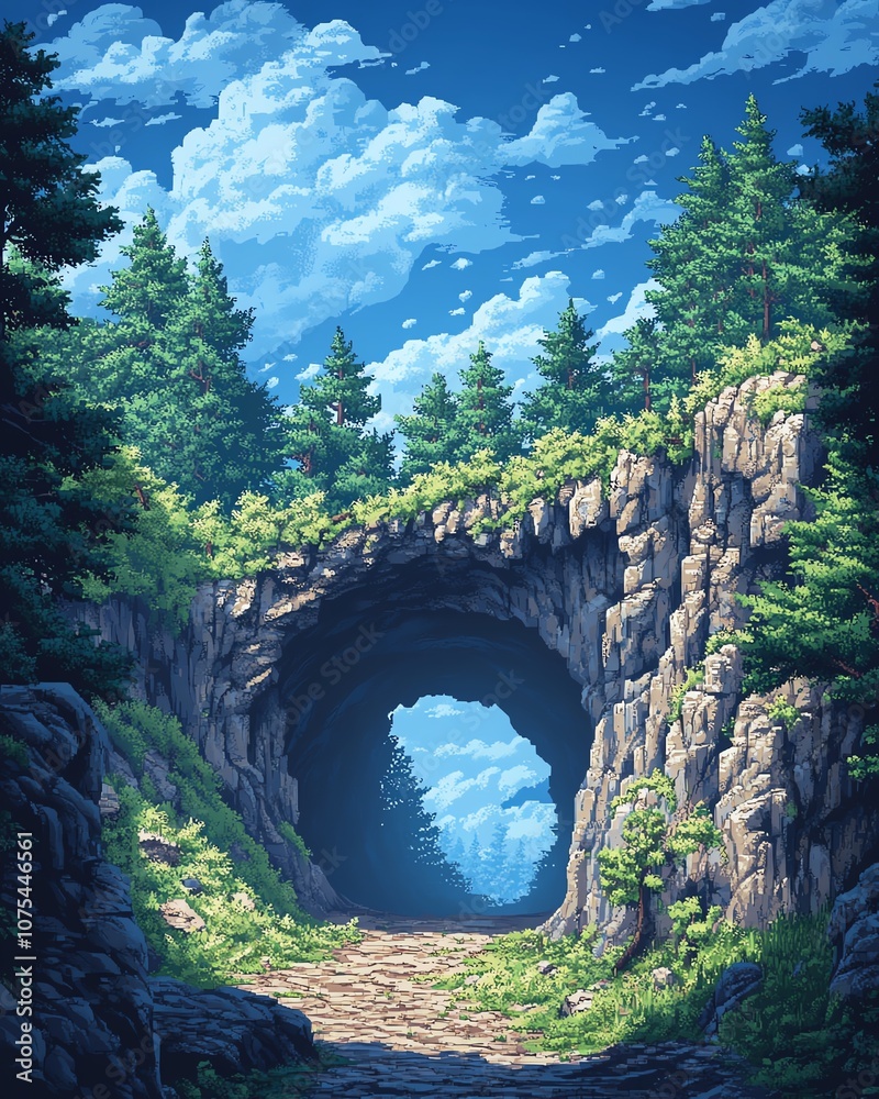 Pixel art scene of a forest entrance, with trees and a cave set in a ...