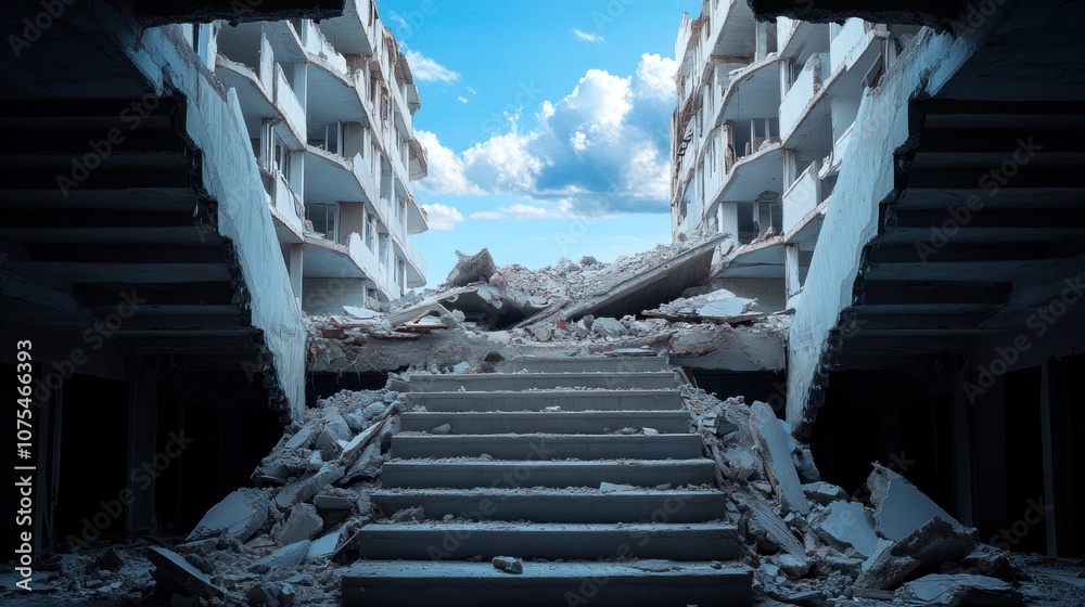 The remnants of a collapsed building reveal layers of dust and debris ...