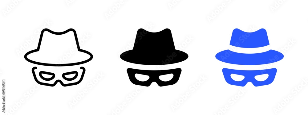 Incognito icon. Anonymous symbol with hat and mask. Spy agent sign ...