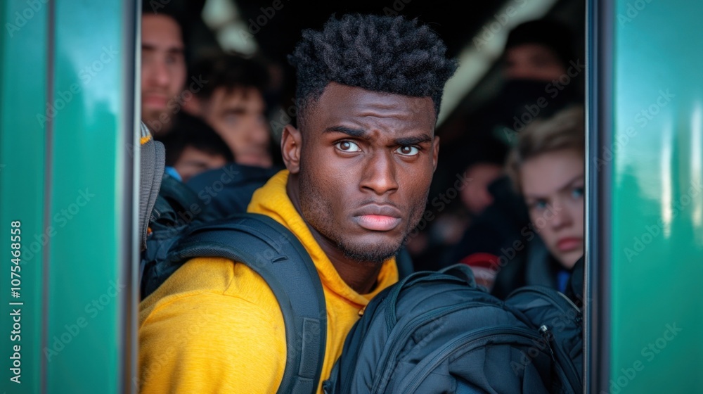 young man with a serious expression steps off a busy bus, wearing a ...
