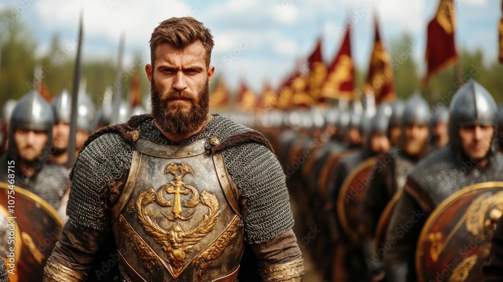 A fierce medieval warrior stands at the forefront, clad in ornate armor ...