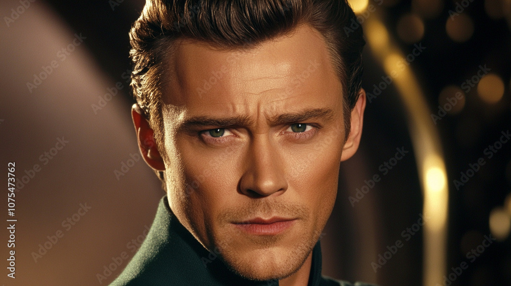 Close-up of a man with a well-defined jawline and a slight smirk, his ...