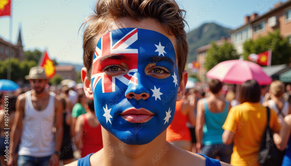 Teenage boy with a serious expression and Australian face paint in a ...