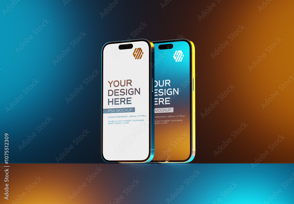 Two Mobile Phones Mockup With Modern Blue And Orange Lights Stock ...