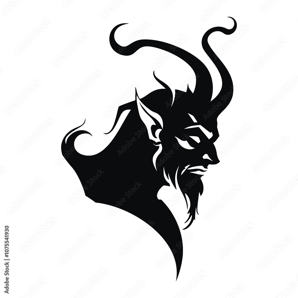 Black and white horned devil head silhouette, Horror ominous evil with horns. Mystical being ...