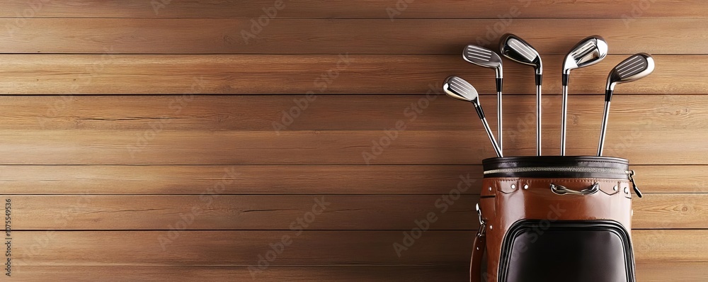 Golfer s bag against a rustic wooden backdrop, clubs shining, vintage ...