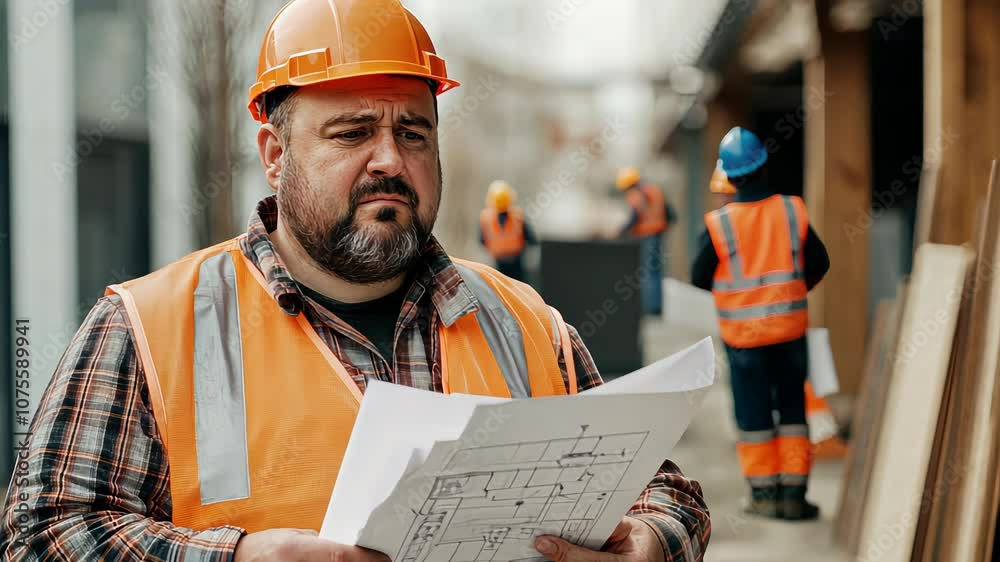 fat sad man in a hard hat and orange vest holding blueprints at a ...