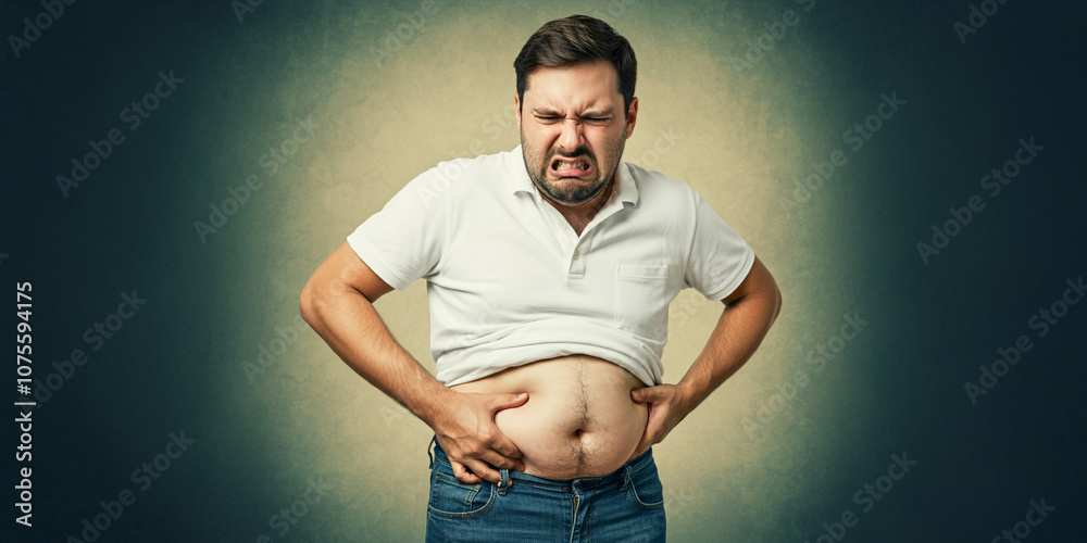 Fat Overweight Man Grabbing his Fat Rolls in Shame and Disgust, Sad at ...
