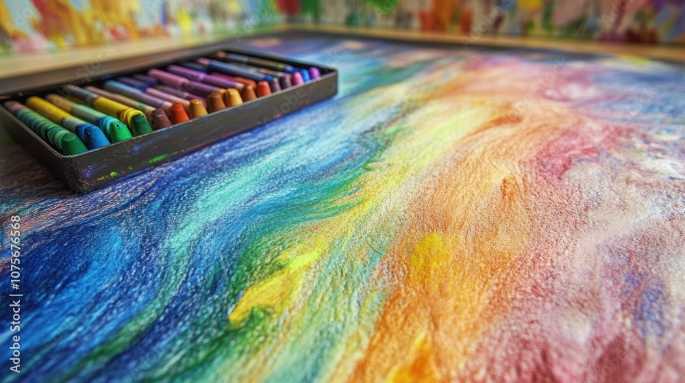 Close-up of a colorful, finished crayon drawing with the crayon box ...