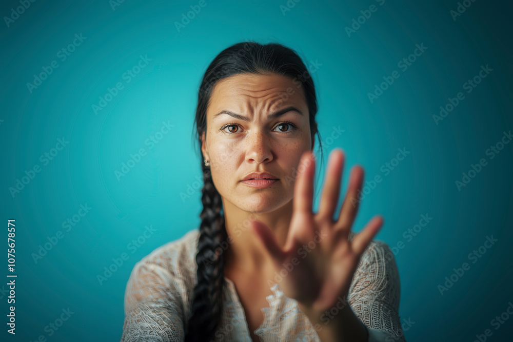 Indigenous woman raises her hand, advocating for the protection of ...