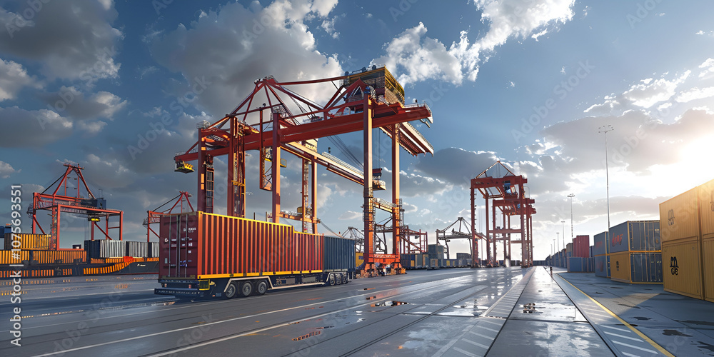 Container port with large cranes, Shipping terminal with industrial ...