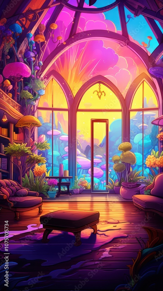 Magical Conservatory with Blooming Flowers and Bench. Idyllic Garden ...