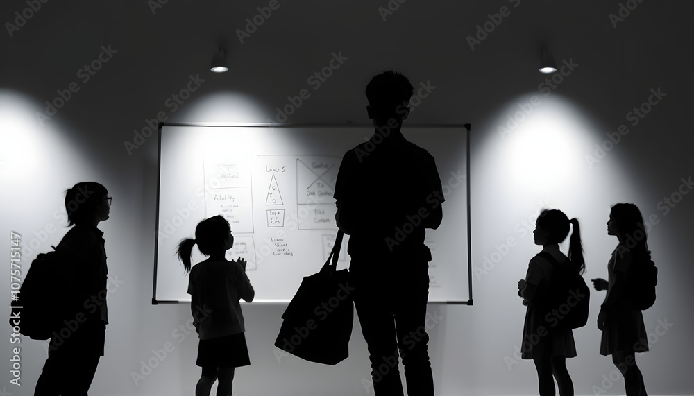 Group of youthful learners standing in front of whiteboard with drawn ...