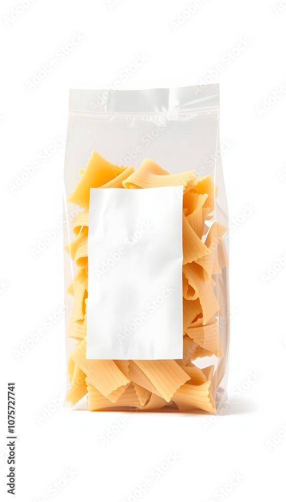 Transparent plastic pasta bag with paper label isolated on white ...
