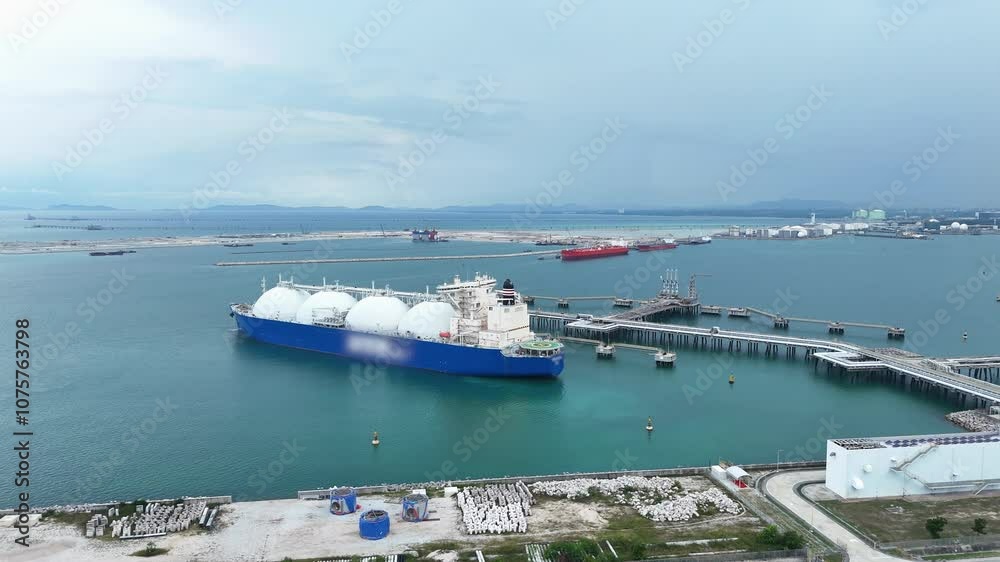 LNG (Liquified Natural Gas) tanker anchored in Gas terminal gas tanks ...