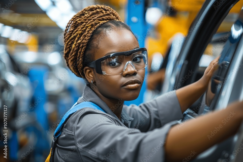 Female worker operating machinery in modern automotive factory, wide ...