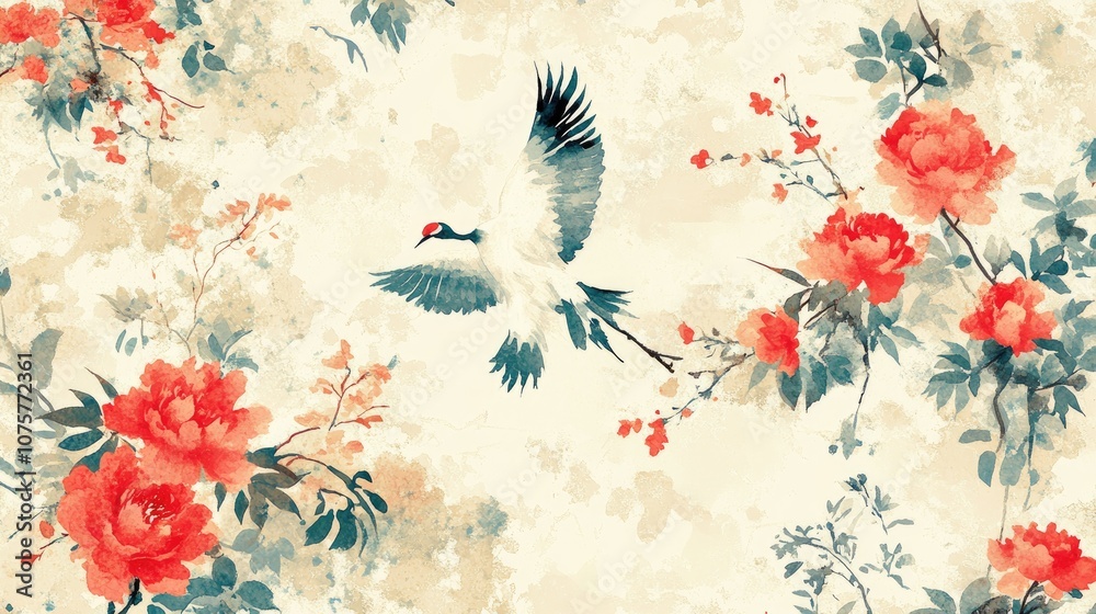 Crane birds vector. Japanese background with watercolor texture ...